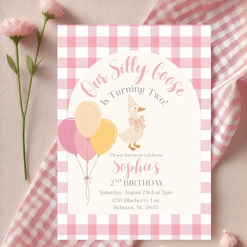 Our Silly Goose is Two | Editable Birthday Invitation | Pink Gingham ...