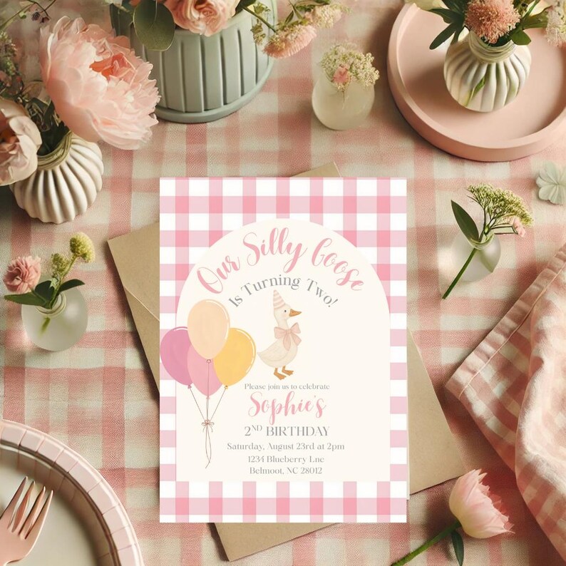 Our Silly Goose is Two | Editable Birthday Invitation | Pink Gingham ...