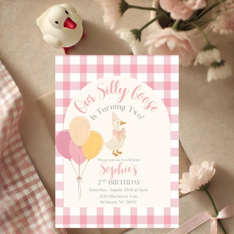 Our Silly Goose is Two | Editable Birthday Invitation | Pink Gingham ...