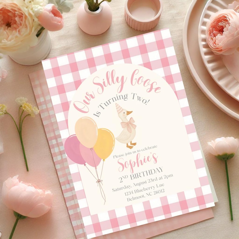 Our Silly Goose is Two | Editable Birthday Invitation | Pink Gingham ...