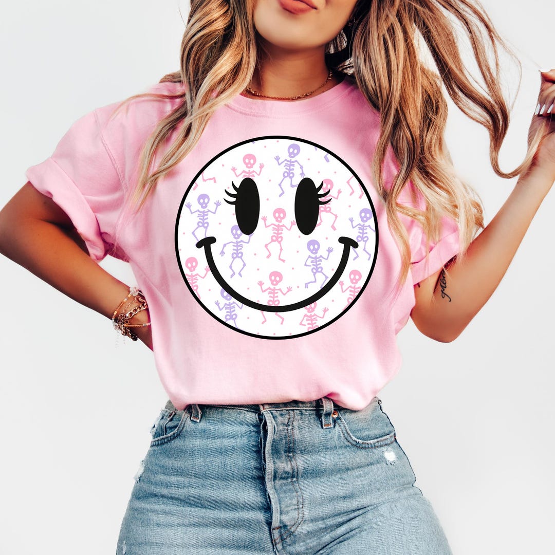 Smiley Face PNG, Preppy Retro Pastel Skeletons Halloween Shirt Design ...