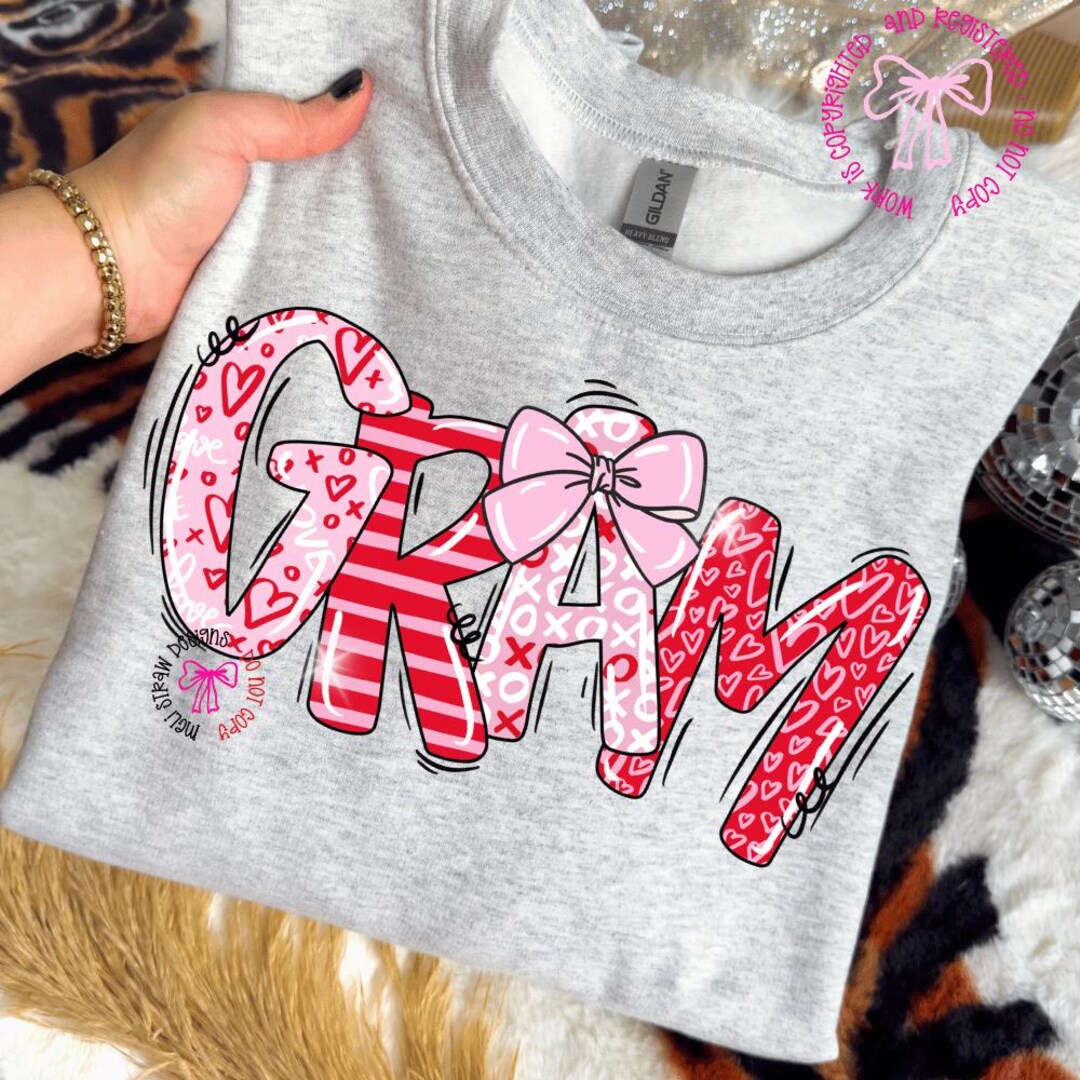 Gram PNG, Girly Hand Drawn Pink Coquette Grandma Valentines Shirt ...