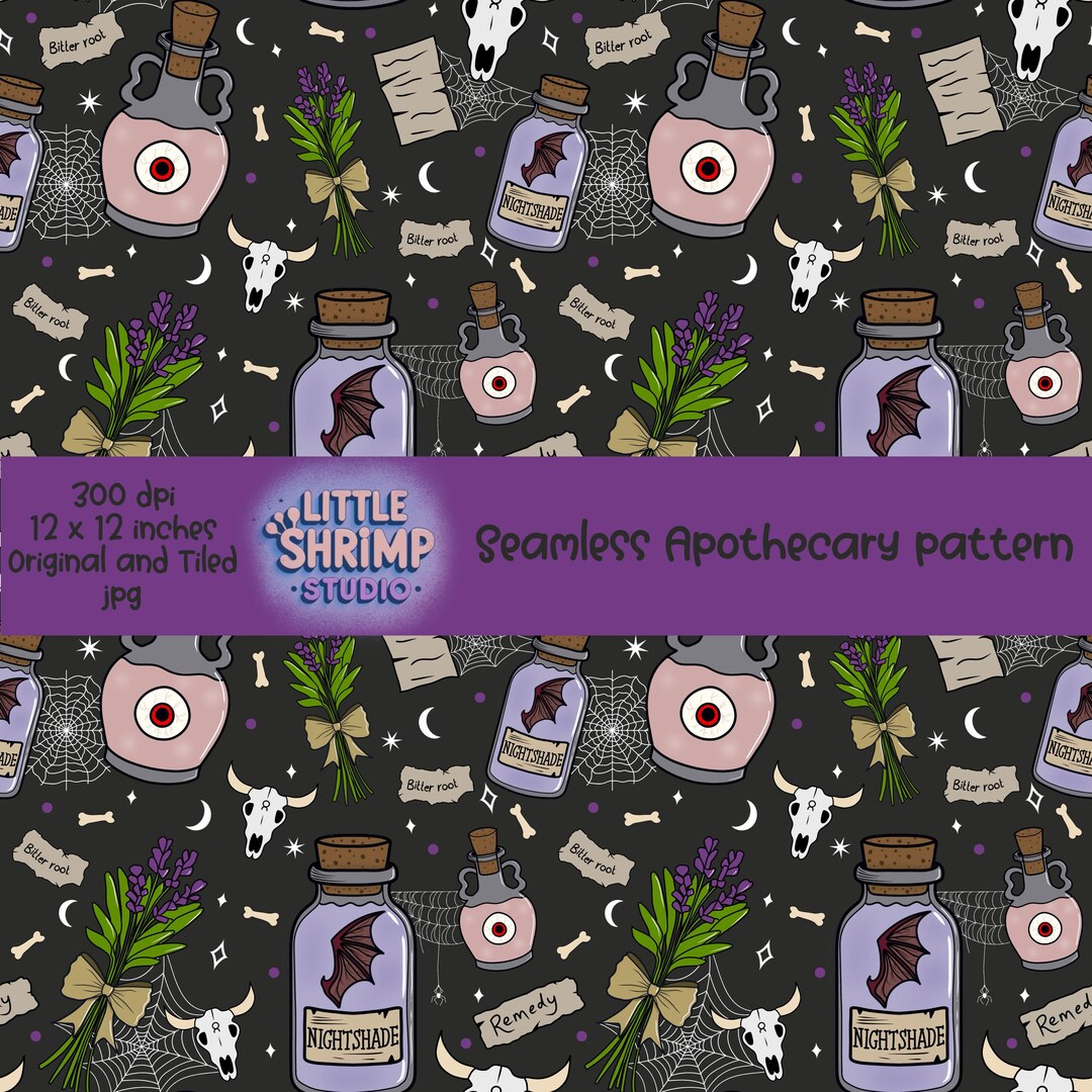 Gothic Apothecary Seamless Pattern: Cow Skull, Potion Bottles (digital ...