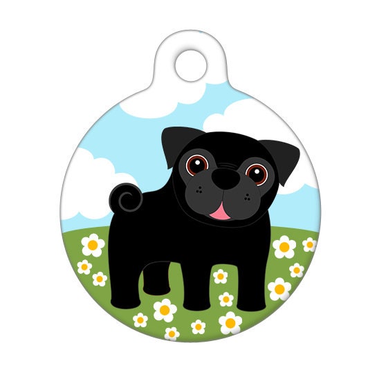 Pet ID Tag Black Pug in Field of Flowers - Etsy