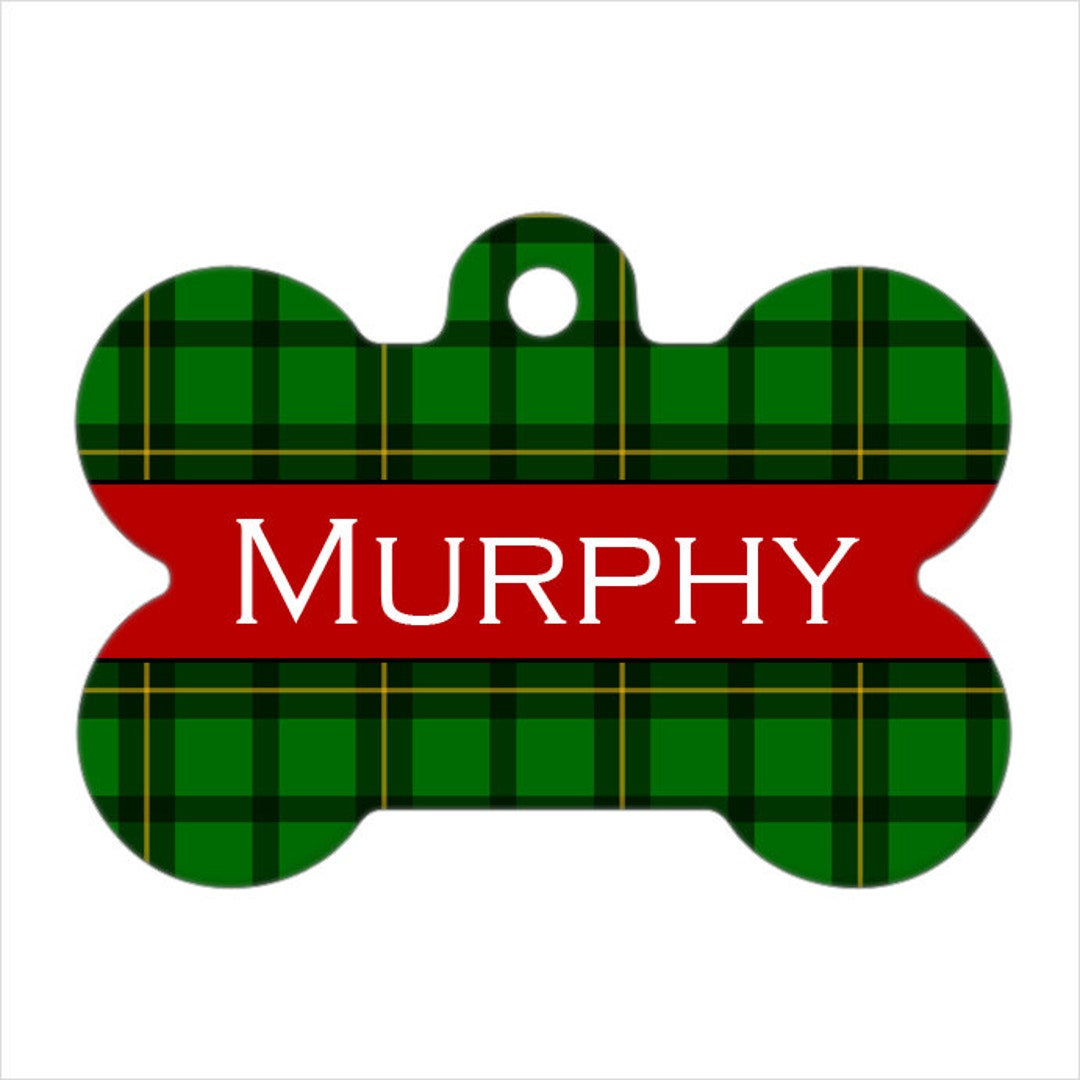 Pet ID Tag - Murphy Custom Name on Front Plaid Bone Tag - Etsy