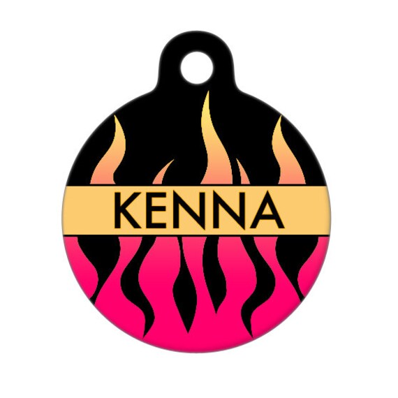 Pet ID Tag Kenna Pink Flames Custom Name on Front | Etsy