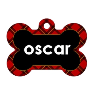 Pet ID Tag - Oscar Red Plaid Custom Name on Front Bone - Etsy