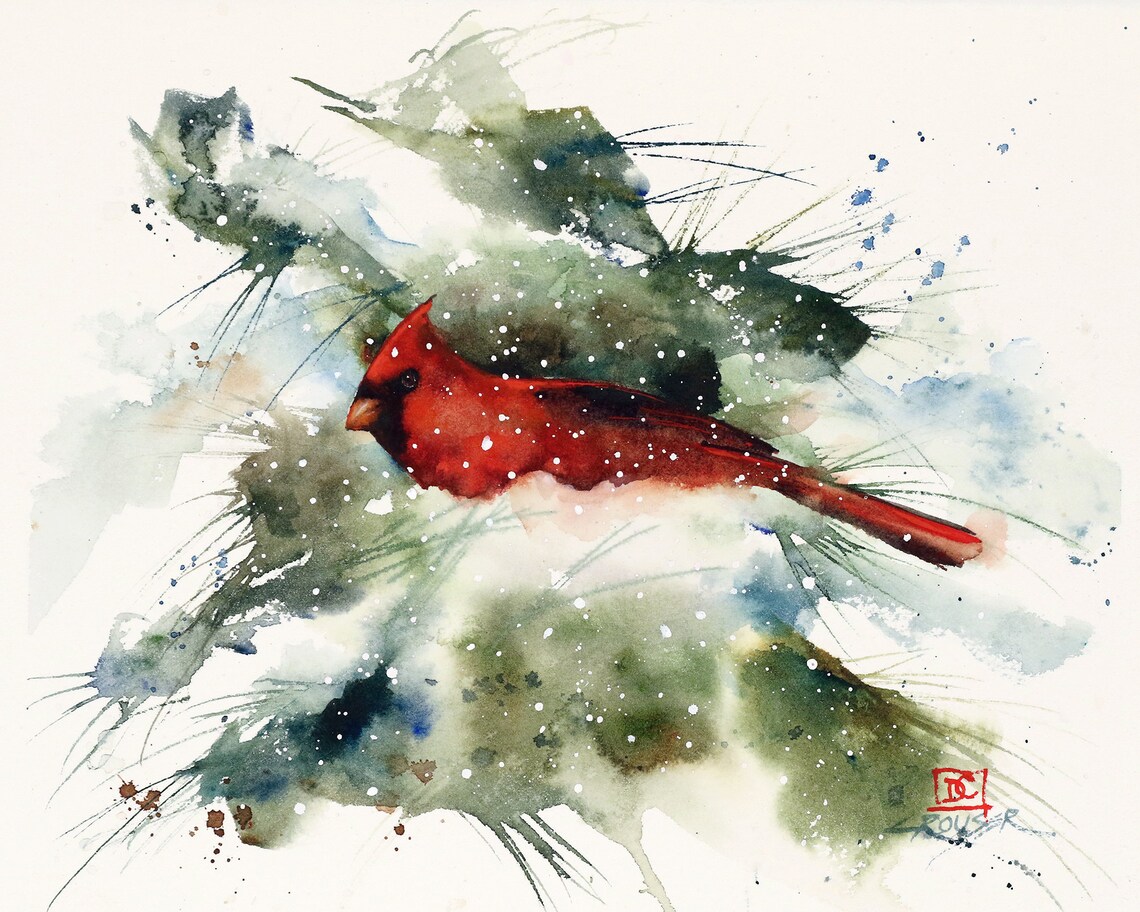 CARDINAL in SNOWY Tree Winter Watercolor Bird Print by Dean Crouser - Etsy