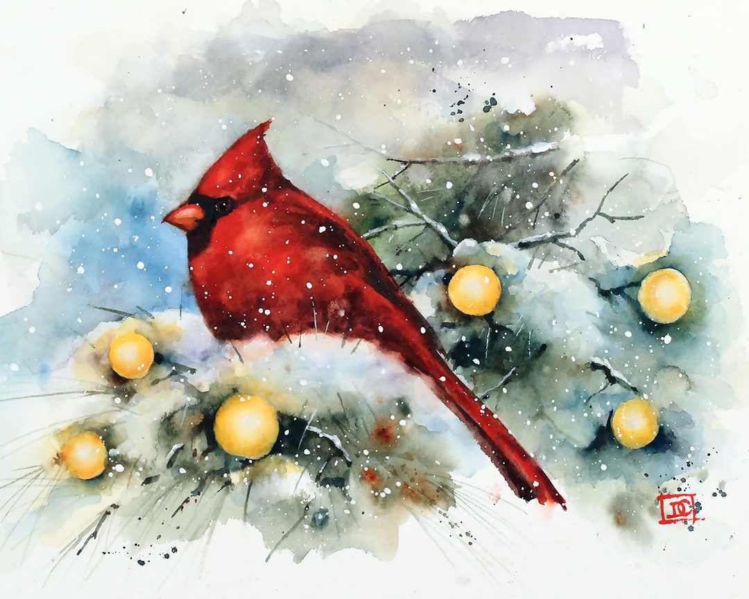 CARDINAL in SNOW Tree With Lights Winter Watercolor Print by Dean ...
