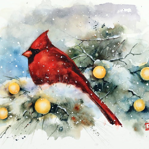 CARDINAL in SNOWY Tree Winter Watercolor Bird Print by Dean - Etsy