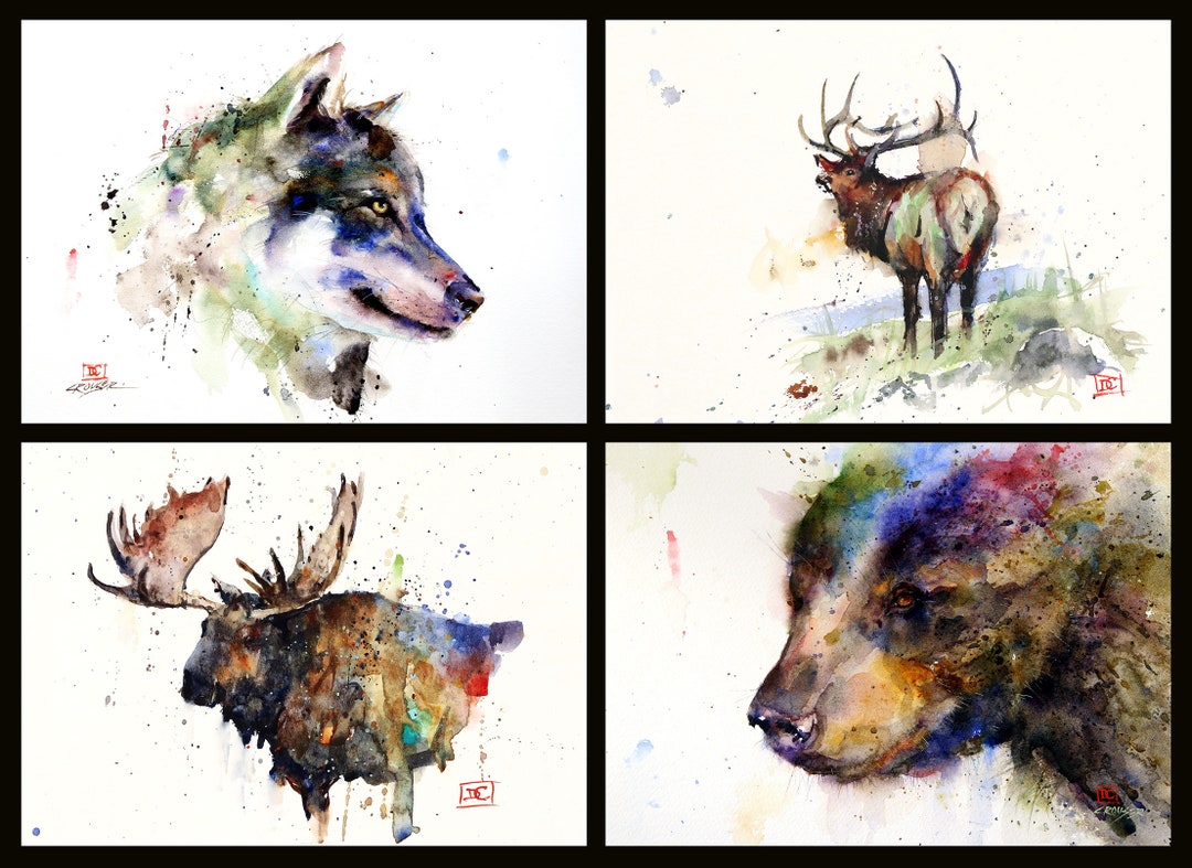 GREETING CARD Set 5 X 7 Moose, Bear, Wolf, Elk Watercolor Art by Dean ...