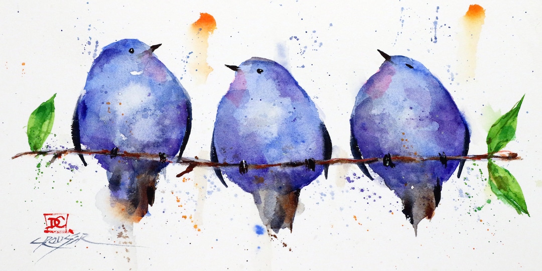 BLUEBERRY BIRDS Whimsical Watercolor Bird Print by Dean Crouser - Etsy