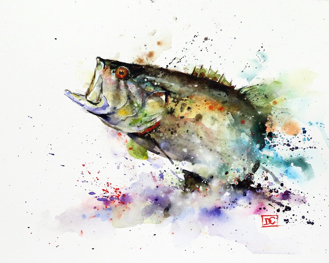 LARGEMOUTH BASS Watercolor Fish Outdoor Colorful Fishing Print Art by ...