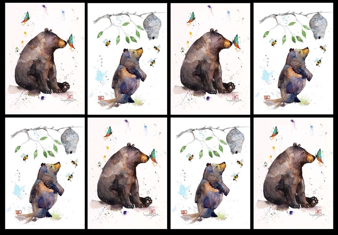 BEAR & HONEY BEE - Set of 8 Charming Watercolor Greeting Cards by Dean ...