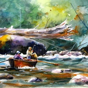 FISHING in BOAT Watercolor Print by Dean Crouser - Etsy