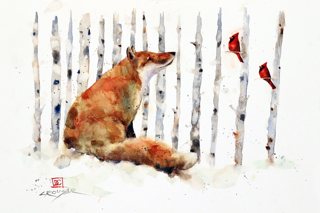 FOX With Cardinal in TREE Watercolor Bird Print by Dean Crouser - Etsy