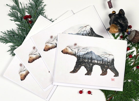 BLACK BEAR in FOREST Blank Greeting Cards Set of 8 | Etsy