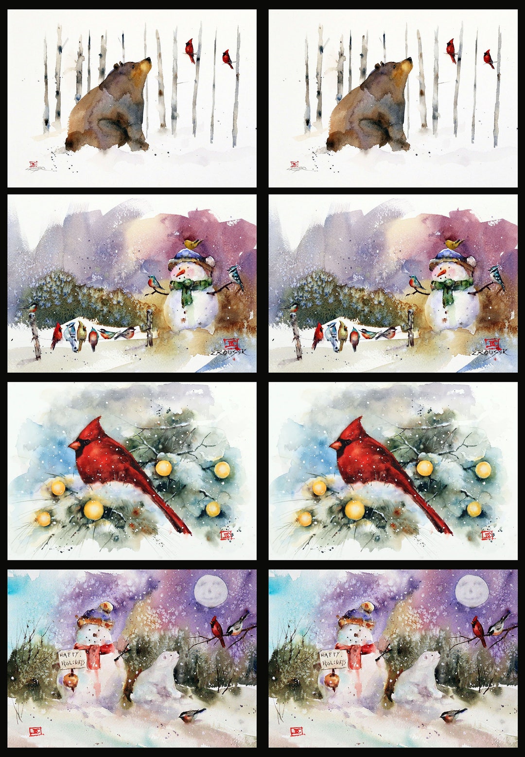 Dean Crouser Holiday Watercolor Cards: Cardinal, Bear, Snowman (5x7) - Etsy
