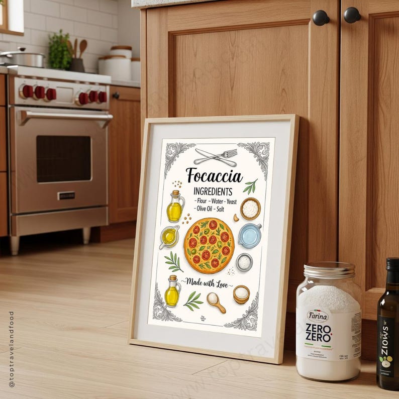 Focaccia Recipe Printable Wall Art – Hand-drawn Italian Kitchen Decor ...