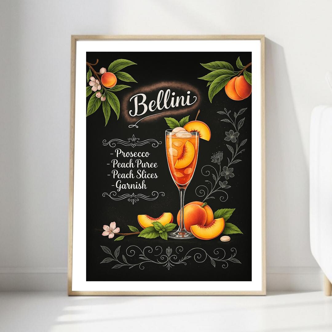 Bellini Cocktail Recipe Printable Wall Art | Peach Prosecco Drink ...