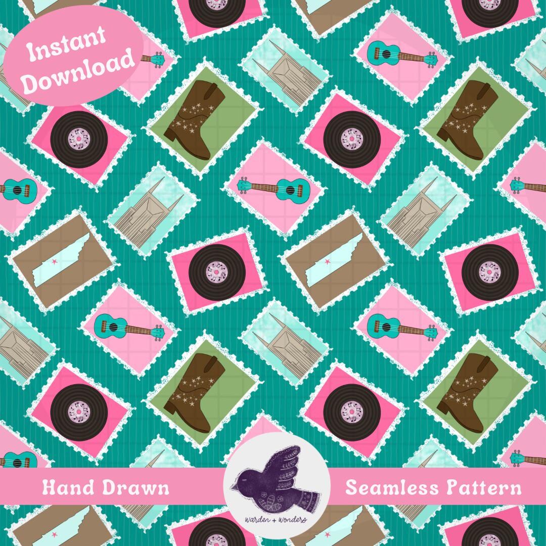 Retro Nashville Stamp Pattern, Country Music Seamless Design, Western ...