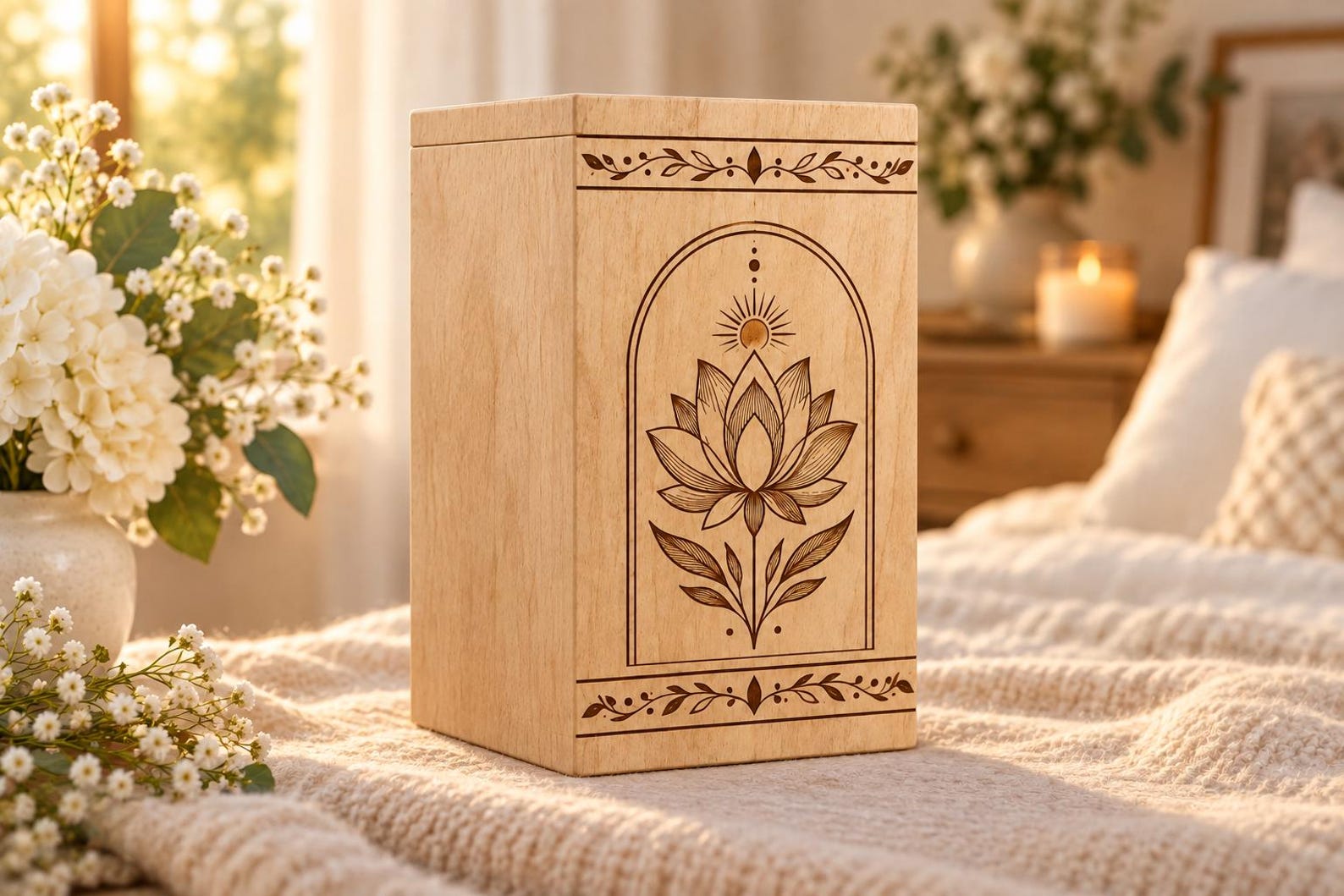 Lotus Sunburst Mango Wood Cremation Urn, Natural Memorial Box, Sympathy ...
