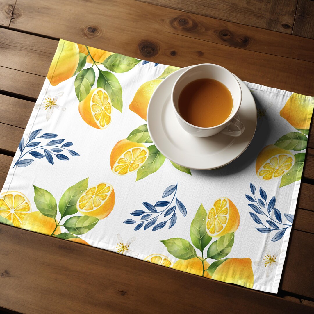 Watercolor Lemon Pattern With Blue Sprigs Placemat | Citrus Table Decor ...