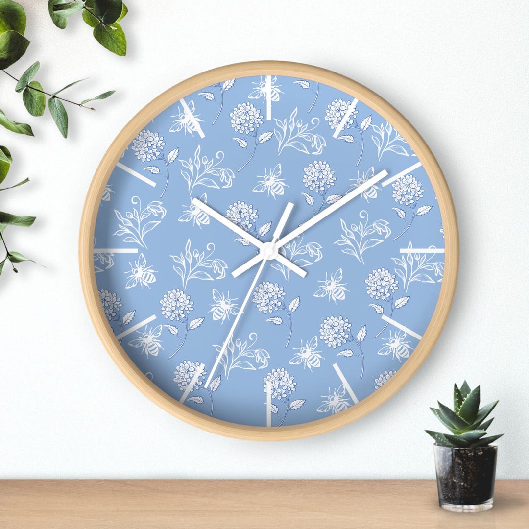 Blue and White Hydrangea Floral Pattern Wall Clock | White Wildflower ...