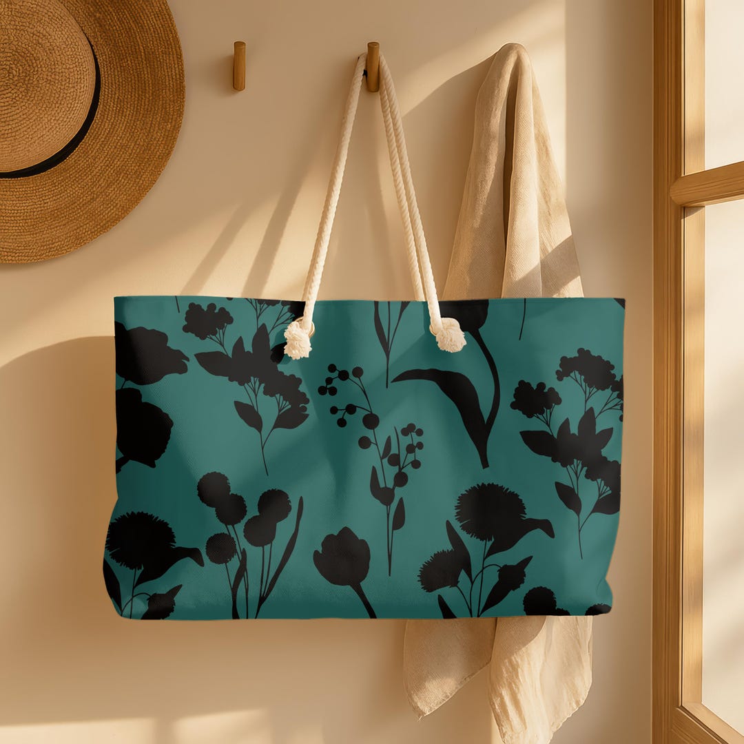 Dark Teal Botanical Silhouette Weekender Bag – Floral Travel Tote With ...