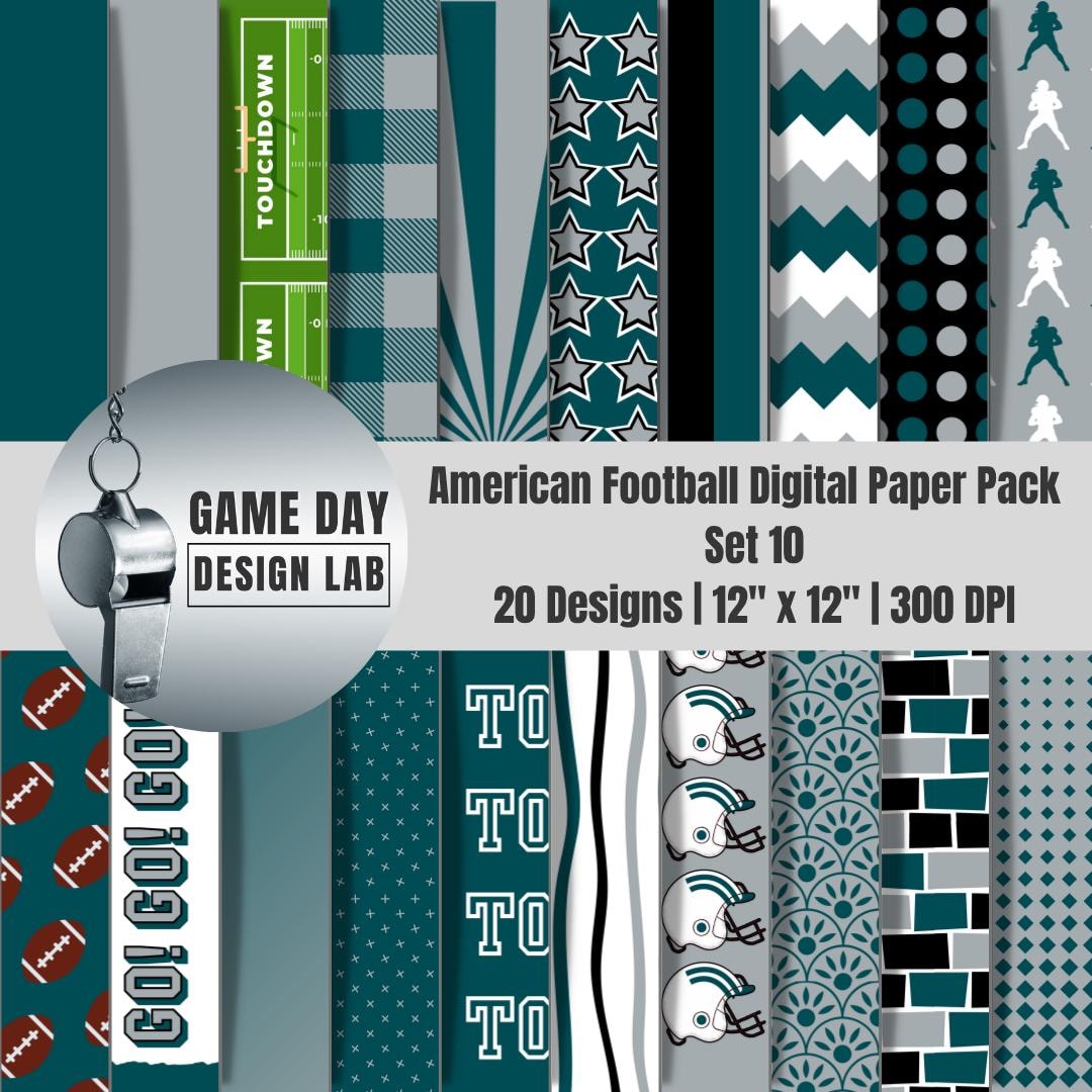 American Football Digital Paper Pack: Green & Silver Scrapbook Designs ...