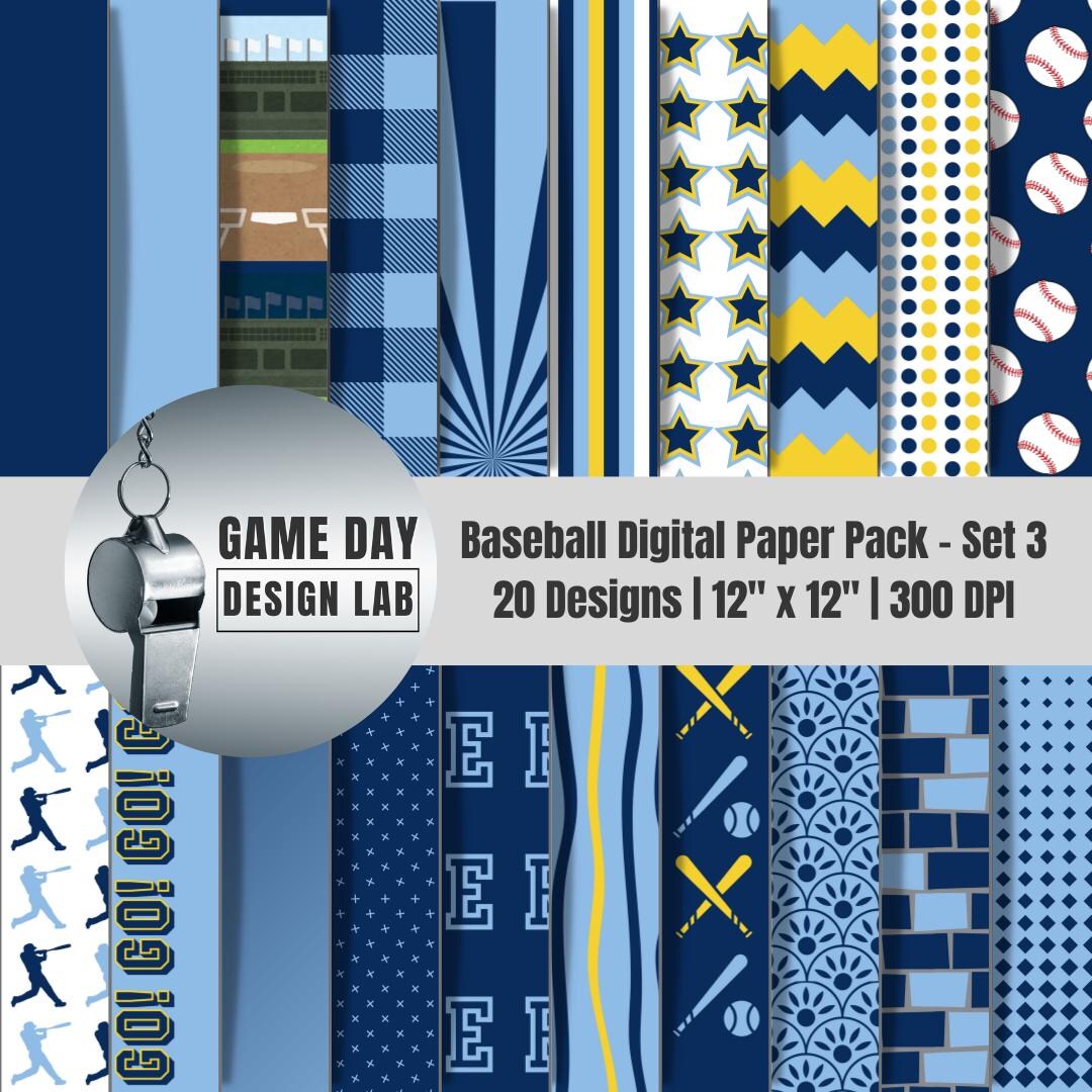Baseball Digital Paper: Navy, Light Blue & Yellow (12x12 Pngs, Instant ...
