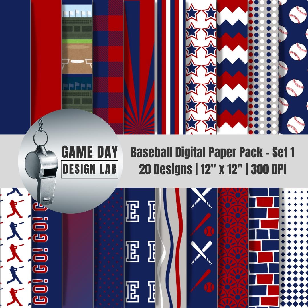 Baseball Digital Paper Pack: Red, White & Blue Designs (12x12 Pngs ...