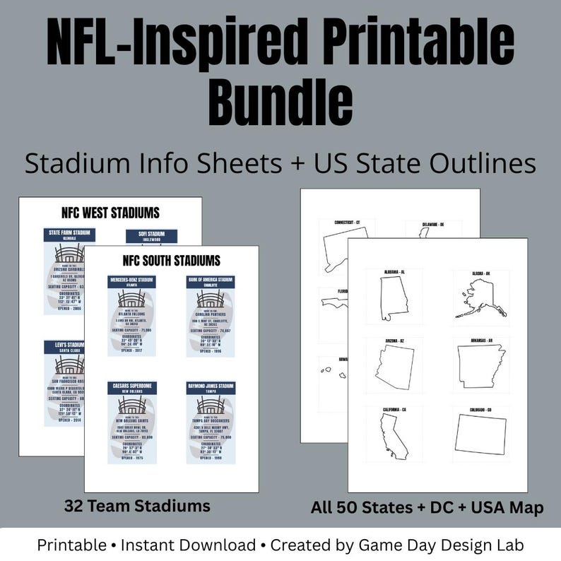 Printable Nfl-inspired Bundle – Stadium Info Sheets + US State Outline ...