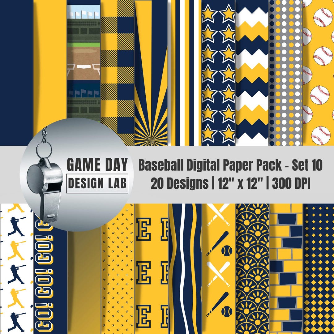 Baseball Digital Paper: Blue & Yellow Scrapbook Backgrounds (12x12" PNG ...