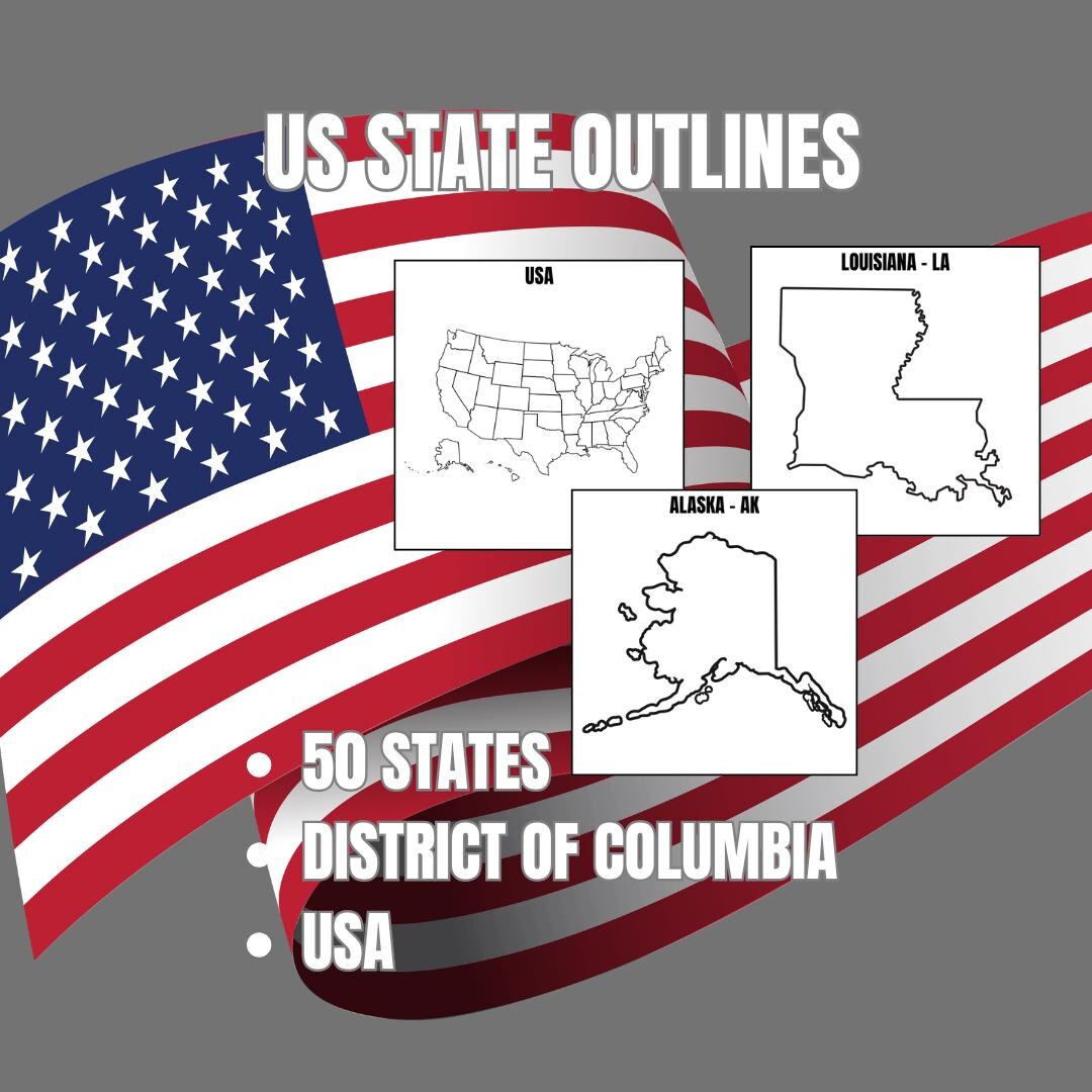 US State Outline Printable Pack: 50 States, DC, USA Map (digital ...