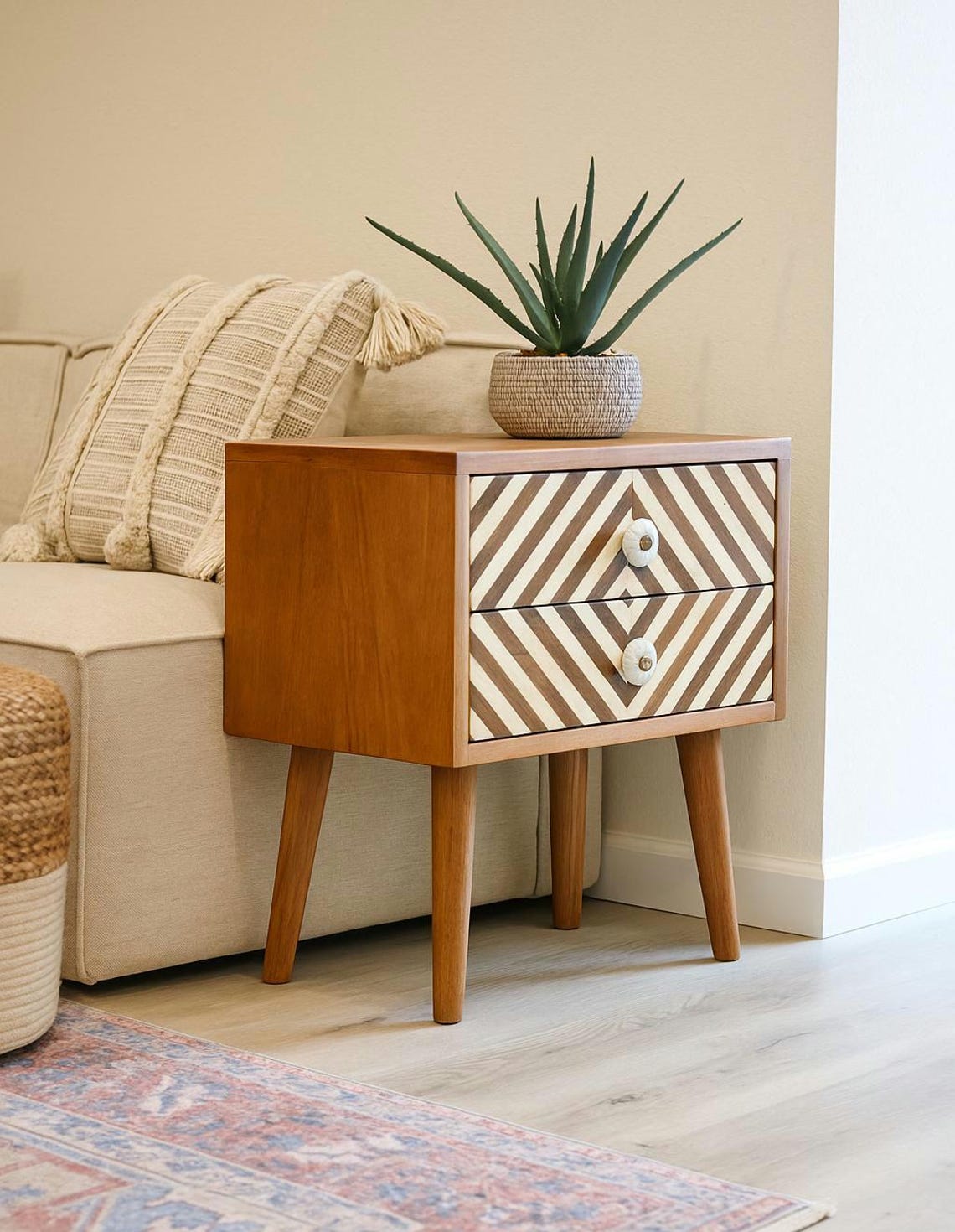 Handmade Bone Inlay Bedside Table: Rustic Chevron Nightstand With ...