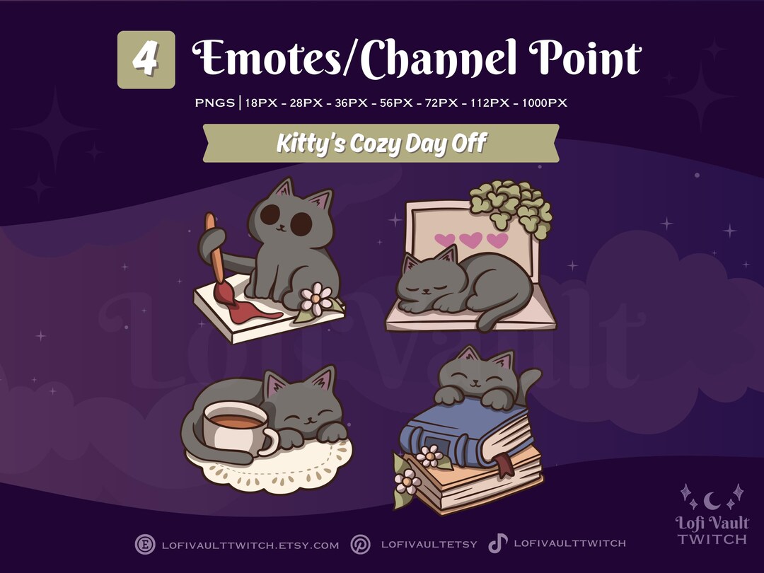 Cute Black Kitty's Cozy Day off Twitch Emote Set of 4, Adorable Emotes ...