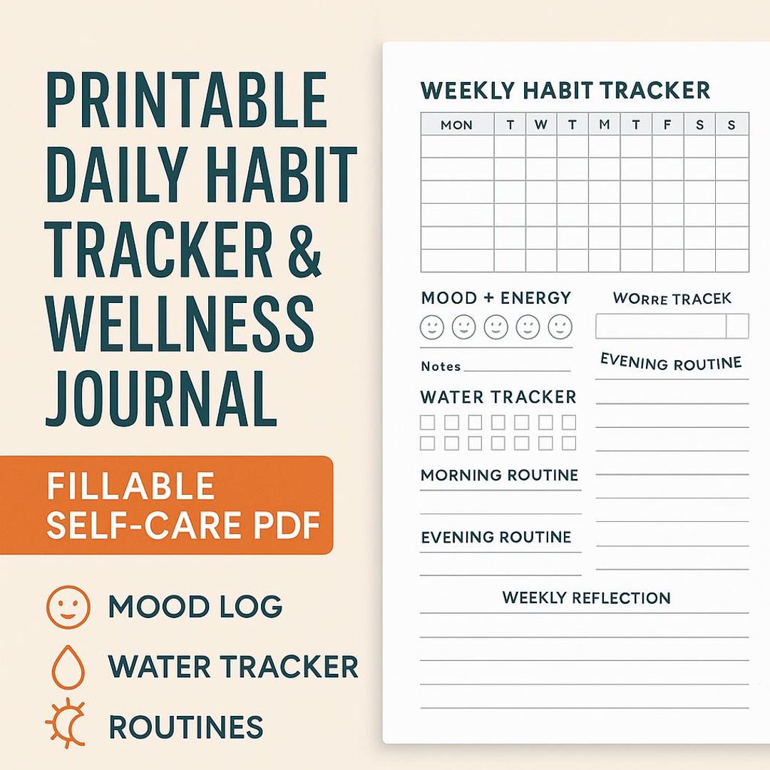 Printable Daily Habit Tracker & Wellness Journal | Fillable Self-care ...