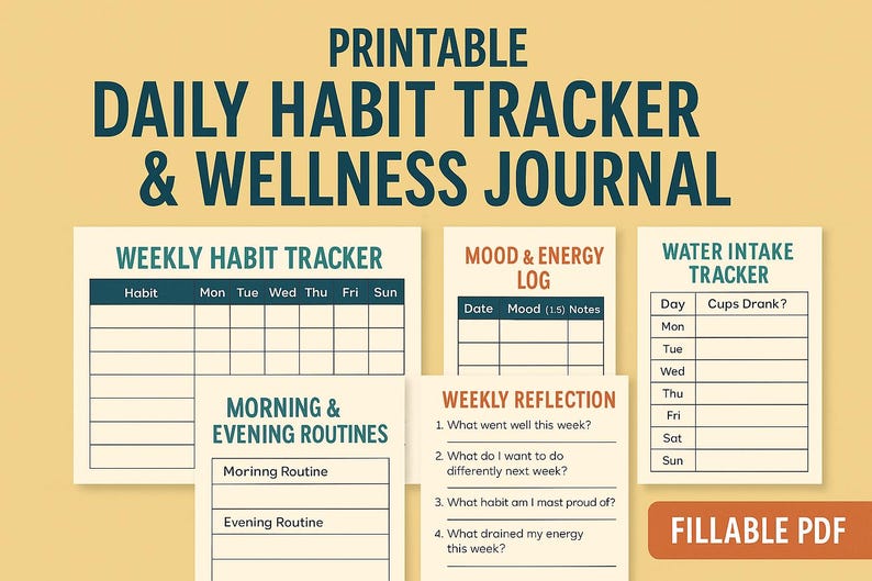 Printable Daily Habit Tracker & Wellness Journal | Fillable Self-care ...