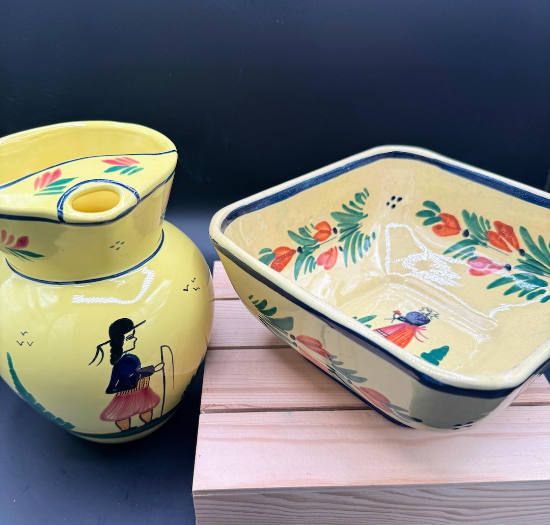 Vintage HB Quimper Soleil Yellow Faience Pitcher & Bowl Set | Hand ...