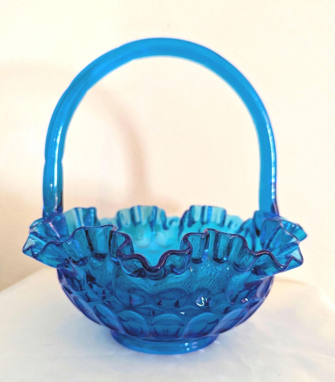 Vintage Fenton Colonial Blue Thumbprint Art Glass Basket - 8" Ruffled ...