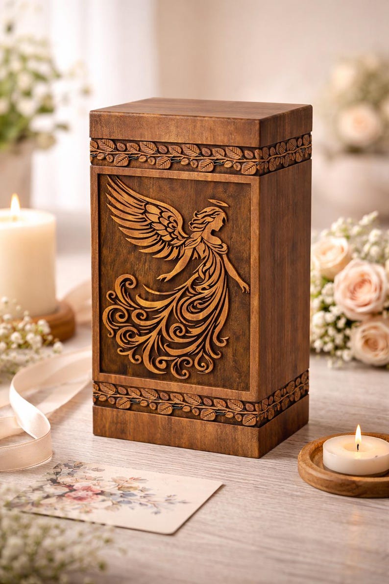 Hand Carved Angel Wooden Memorial Urn for Human Ashes | Angel Engraved ...