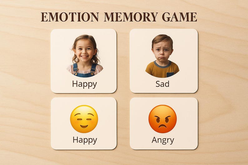 Printable Emotion Memory Game – Real Faces + Emoji Cards – Montessori ...