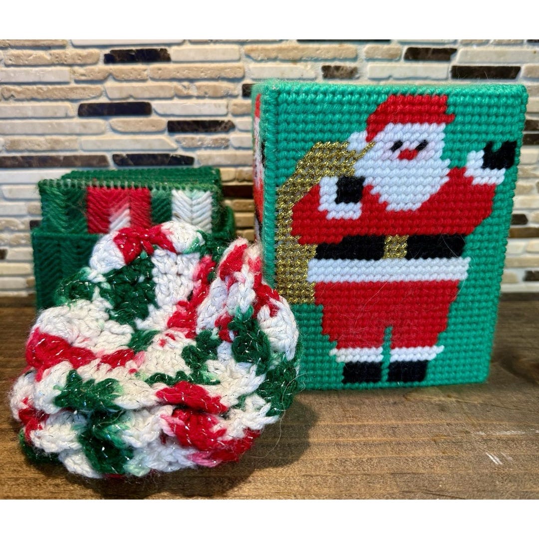 Vintage Plastic Canvas Christmas Set Santa Tissue Box Cover Coasters ...