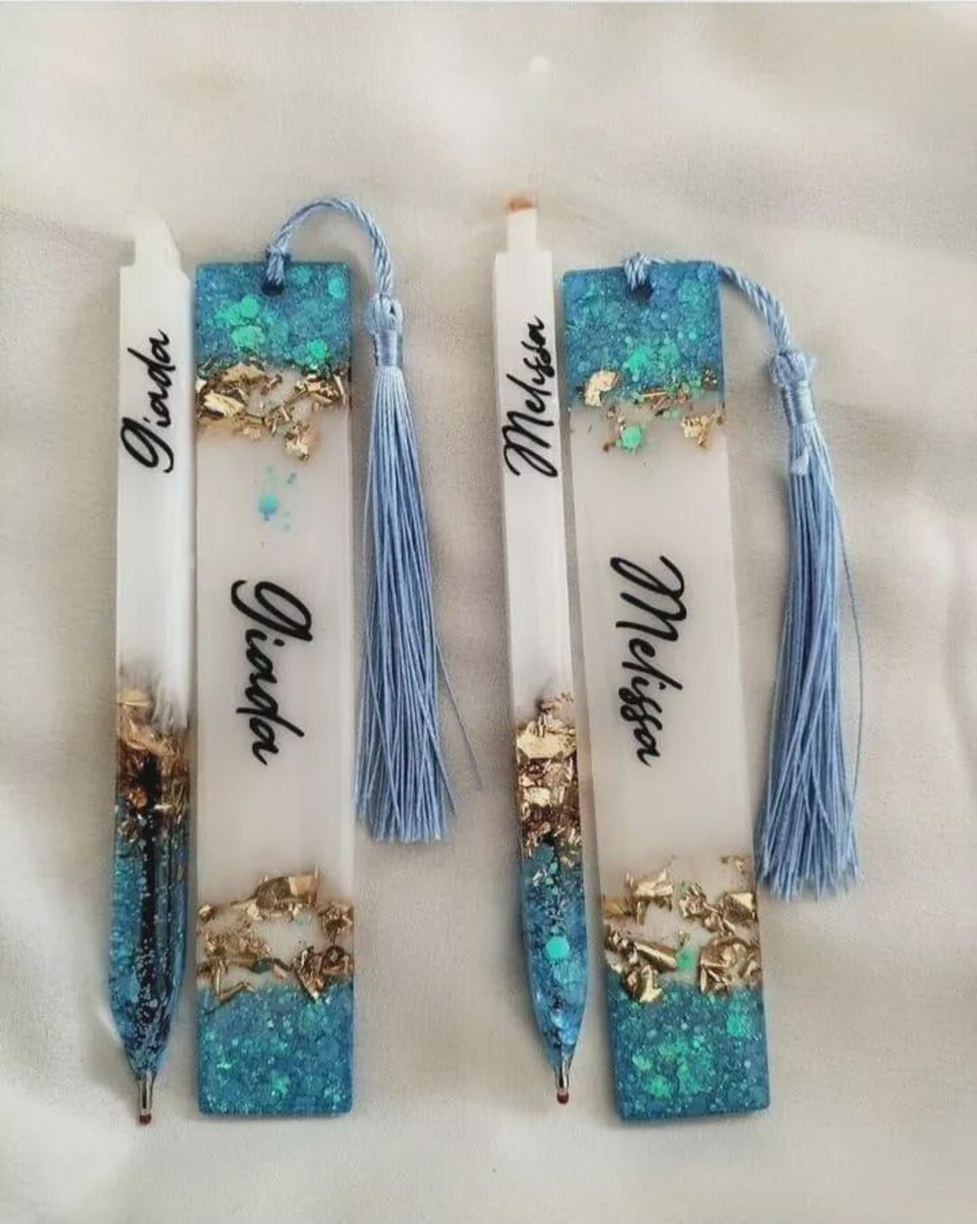 Personalized Glitter Pen and Bookmark Set: Handmade Resin Stationery - Etsy