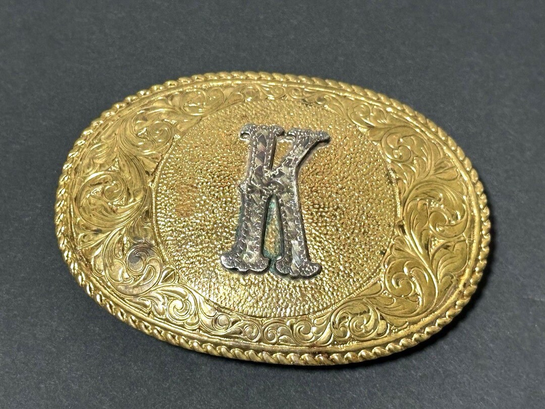 Vintage Crumrine Gold & Silver Tone Initial “K” Engraved Western Belt ...