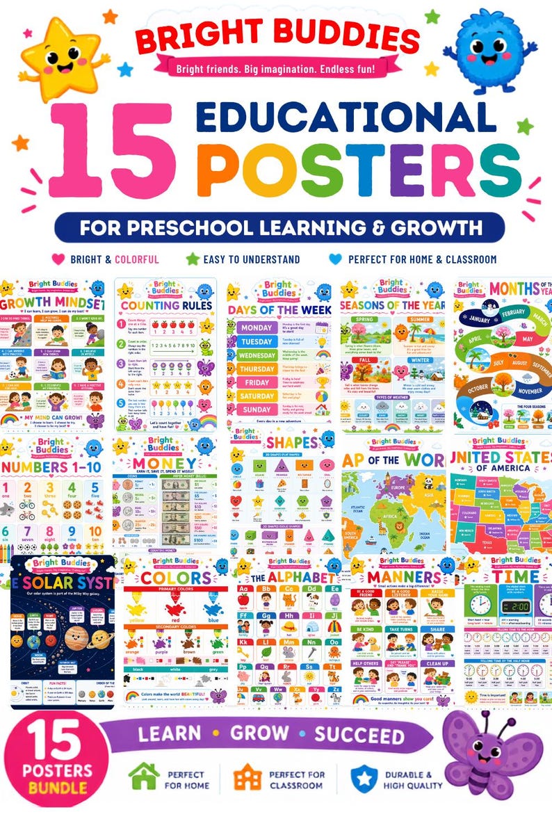 Preschool Educational Posters Bundle | Alphabet, Numbers, Colors ...