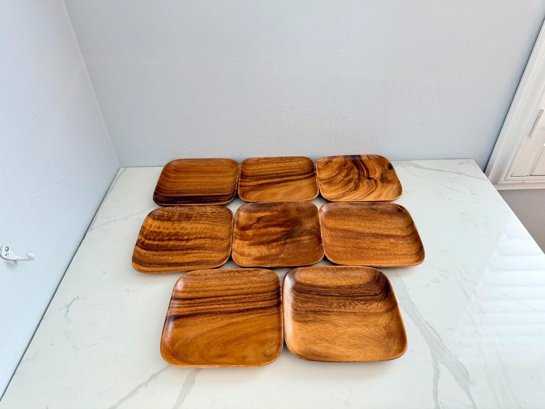 Vintage Handcrafted Monkey Pod Wooden Square Plates Set of 8 - Acacia ...