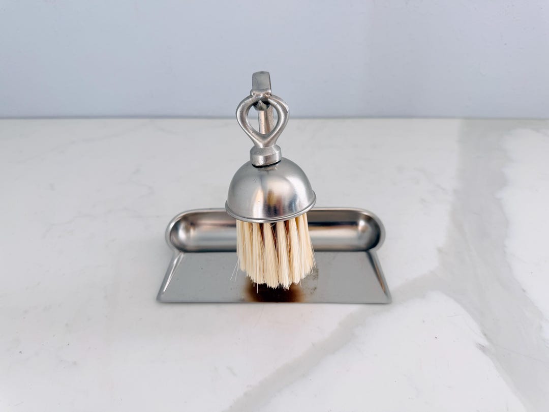 Vintage Danish Metaware Pewter Crumb Catcher Tray & Brush Engraved ...