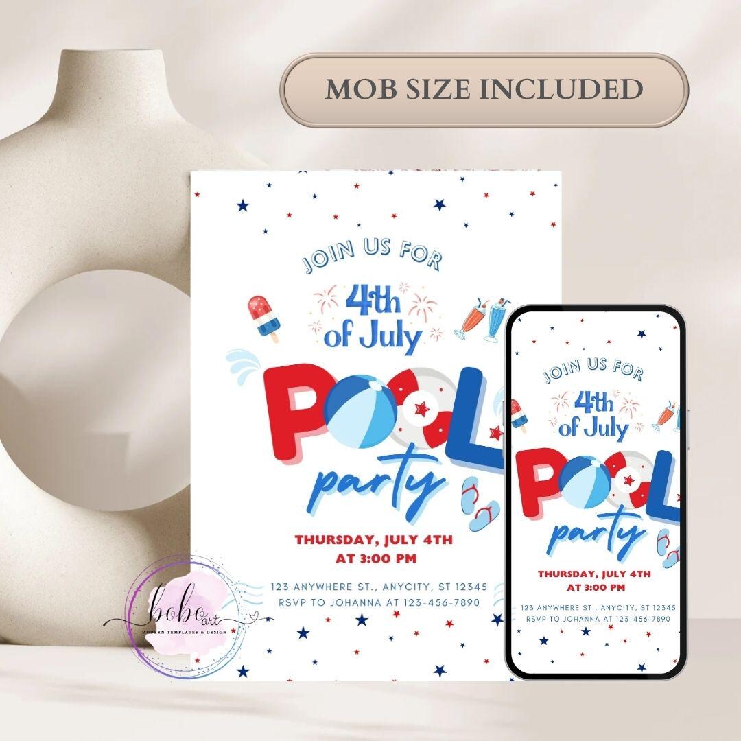 Editable Independence Day Pool Party Patriotic, 4th of July Pool Party ...